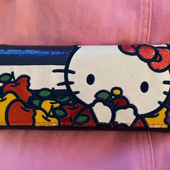 Bags | Rare 211 Hello Kitty Navy Blue I Love Apples Sequin Trifold ...